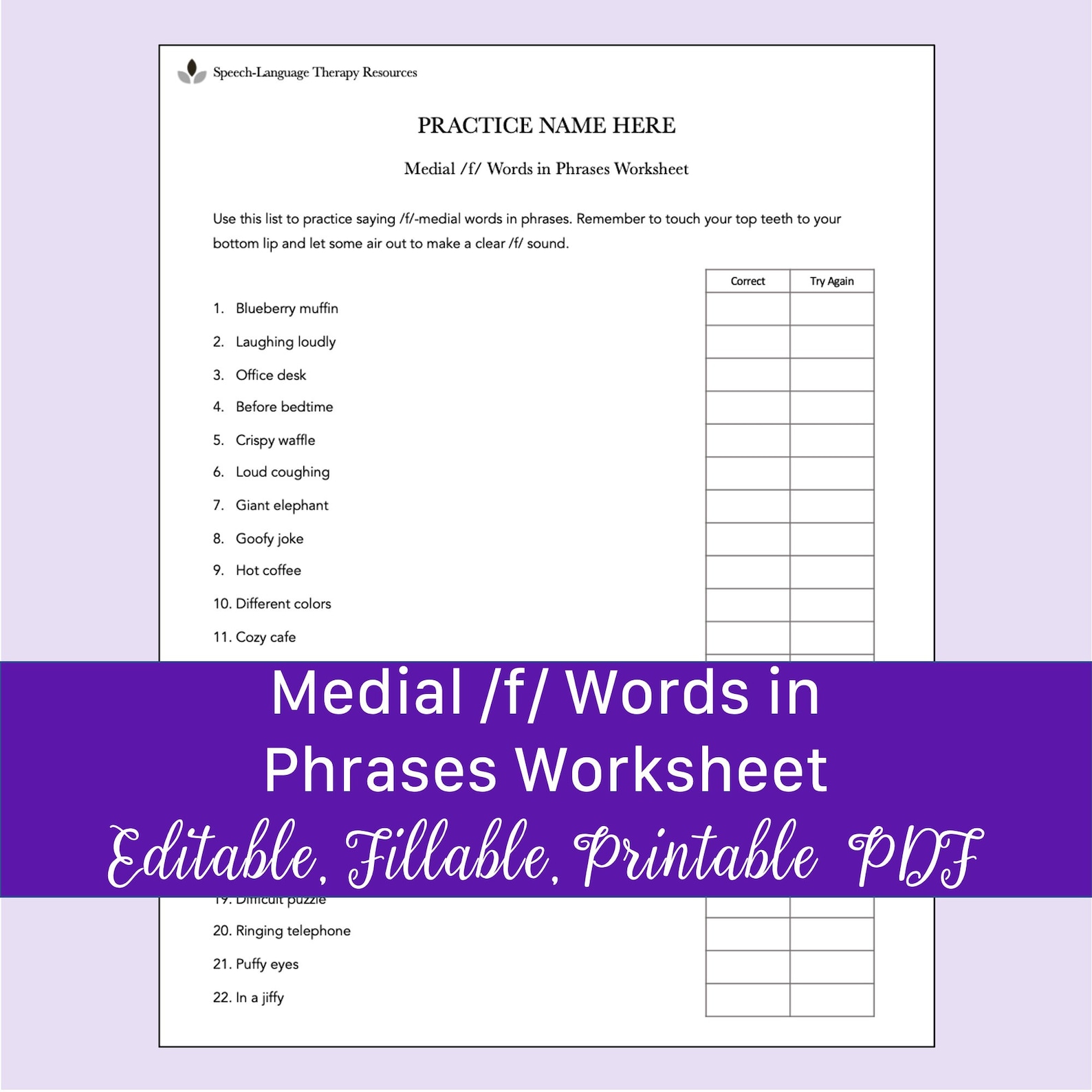 Medial /f/ Words in Phrases Worksheet for Speech Therapy | Printable ...