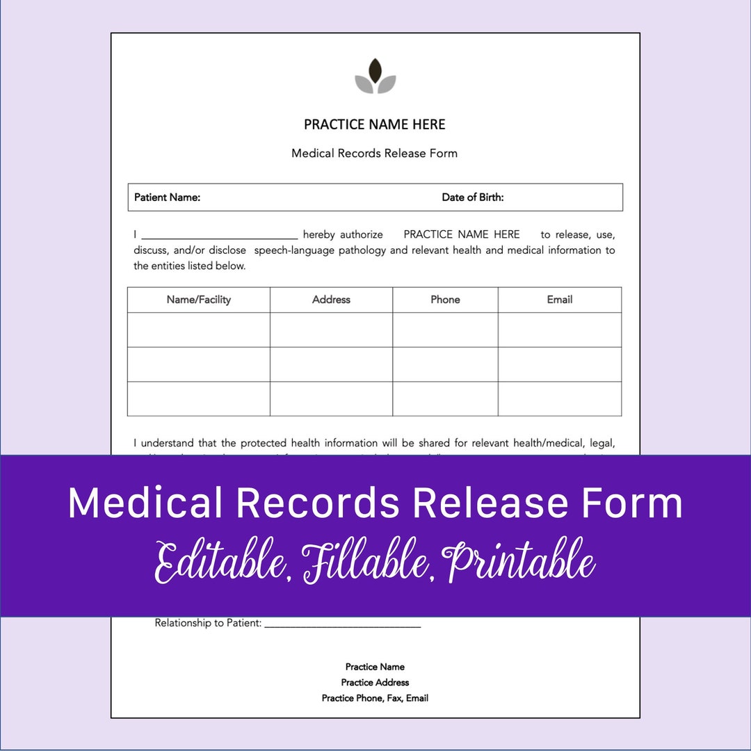 Speech Therapy Medical Records Release Form | Editable, Fillable ...