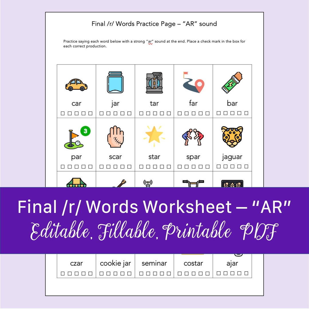 Final /r/ Words - "ar" Sound Worksheet for Speech Therapy | Fillable ...