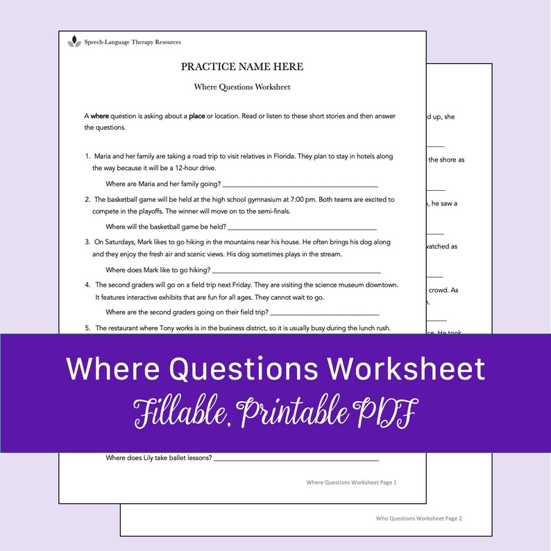 Where Questions Speech Therapy Worksheet | Fillable, Printable PDF - Etsy