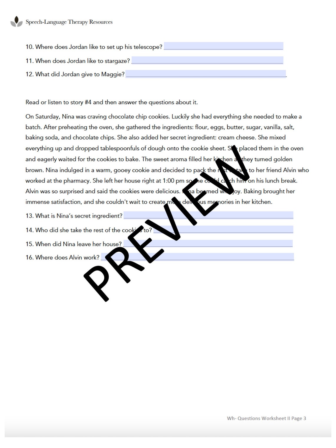 Wh- Questions for Paragraphs Speech Therapy Worksheet | Fillable ...