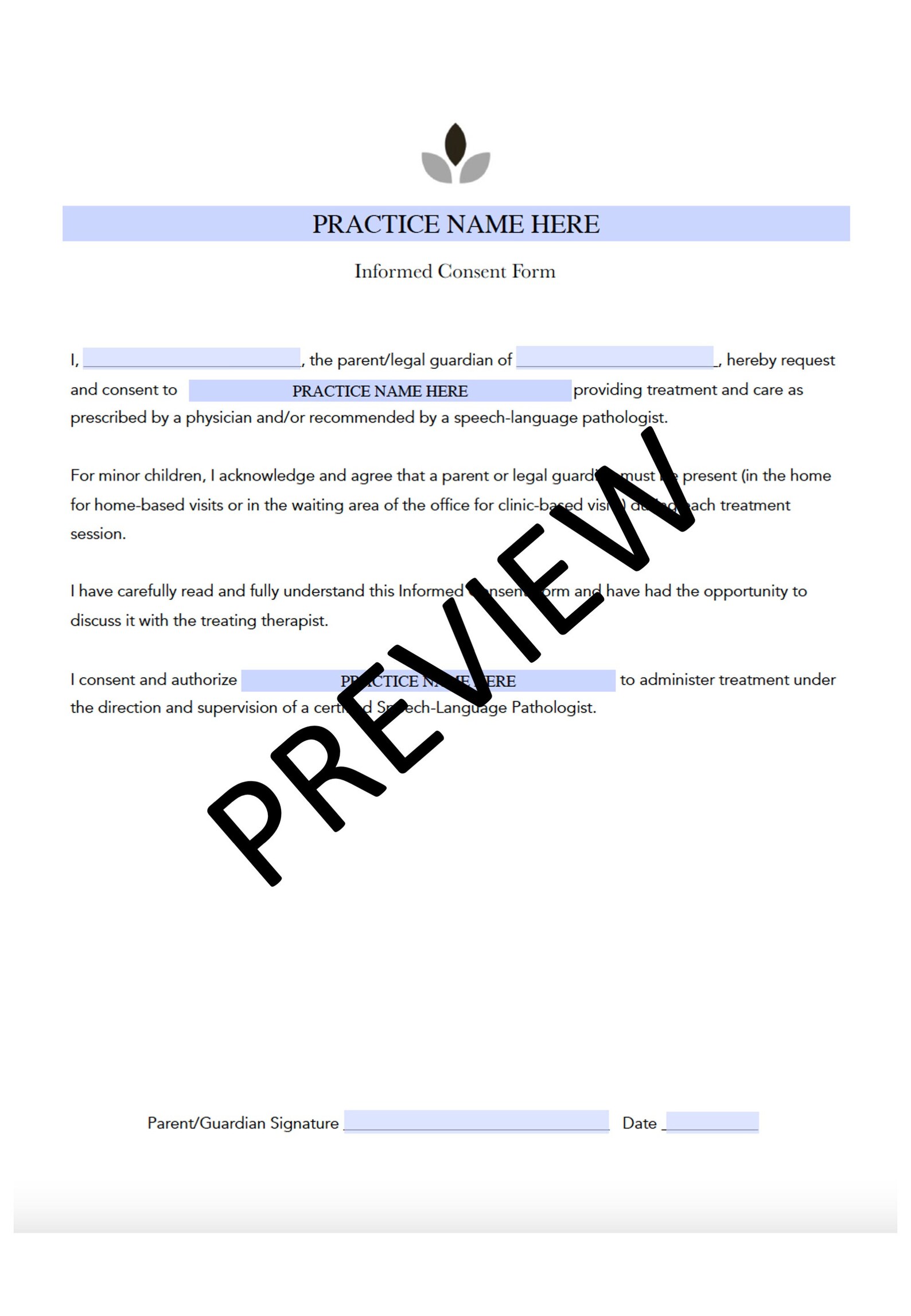Informed Consent Form for Speech Therapy | Editable, Fillable ...