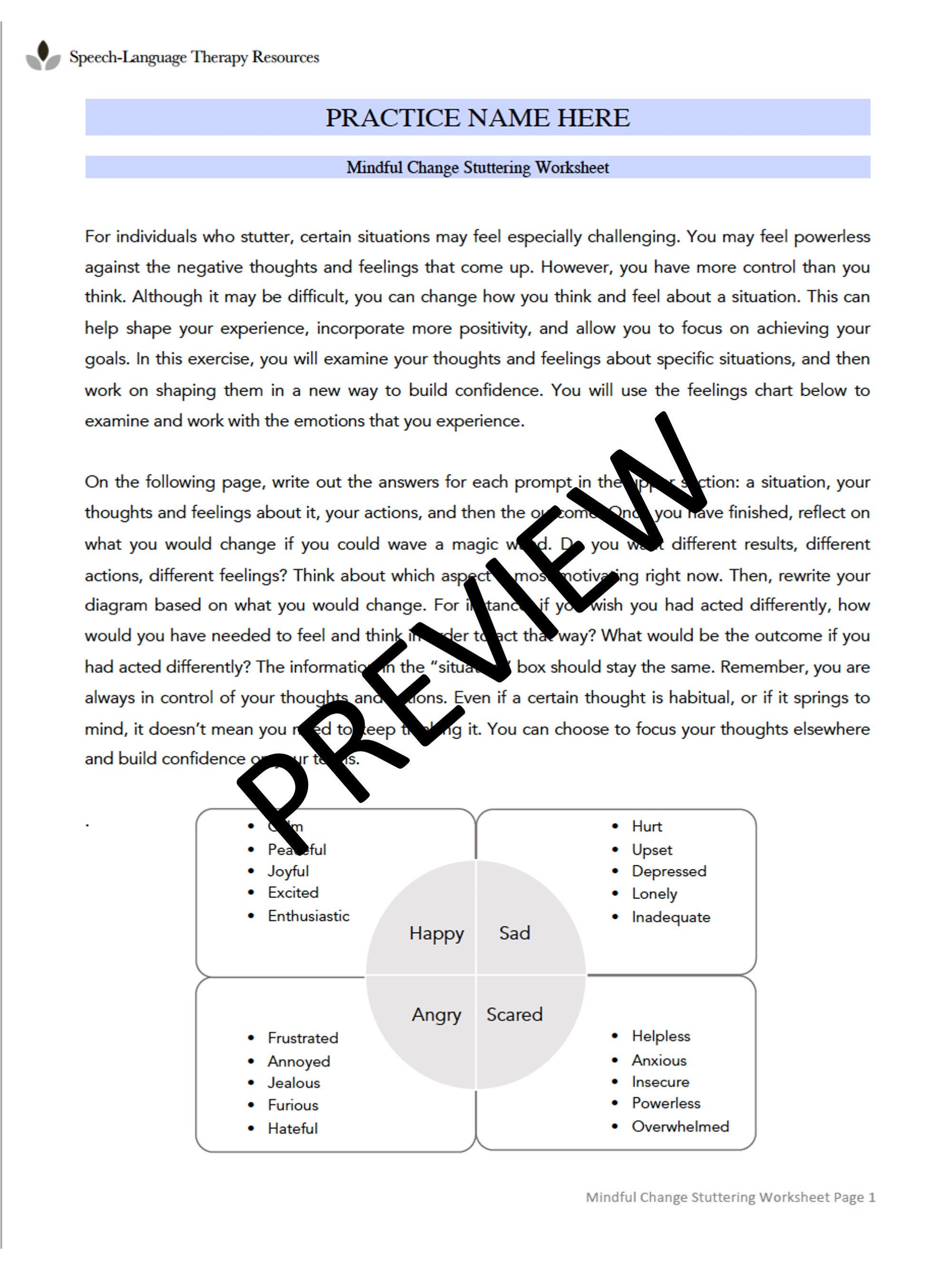 Mindful Change Stuttering Worksheet for Speech Therapy editable ...