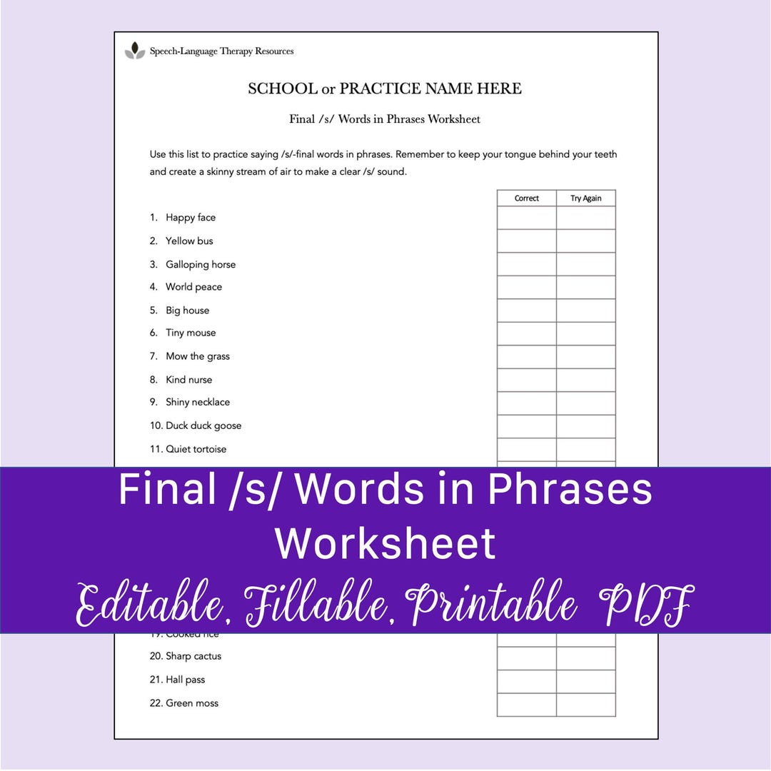 Final /s/ Words in Phrases Worksheet for Speech Therapy | Printable ...
