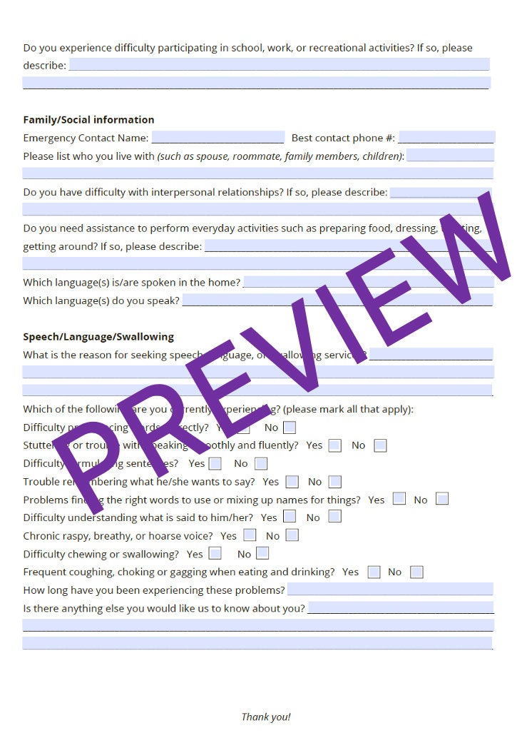 Speech Therapy Intake Form for Adults | Editable, Fillable, Printable ...