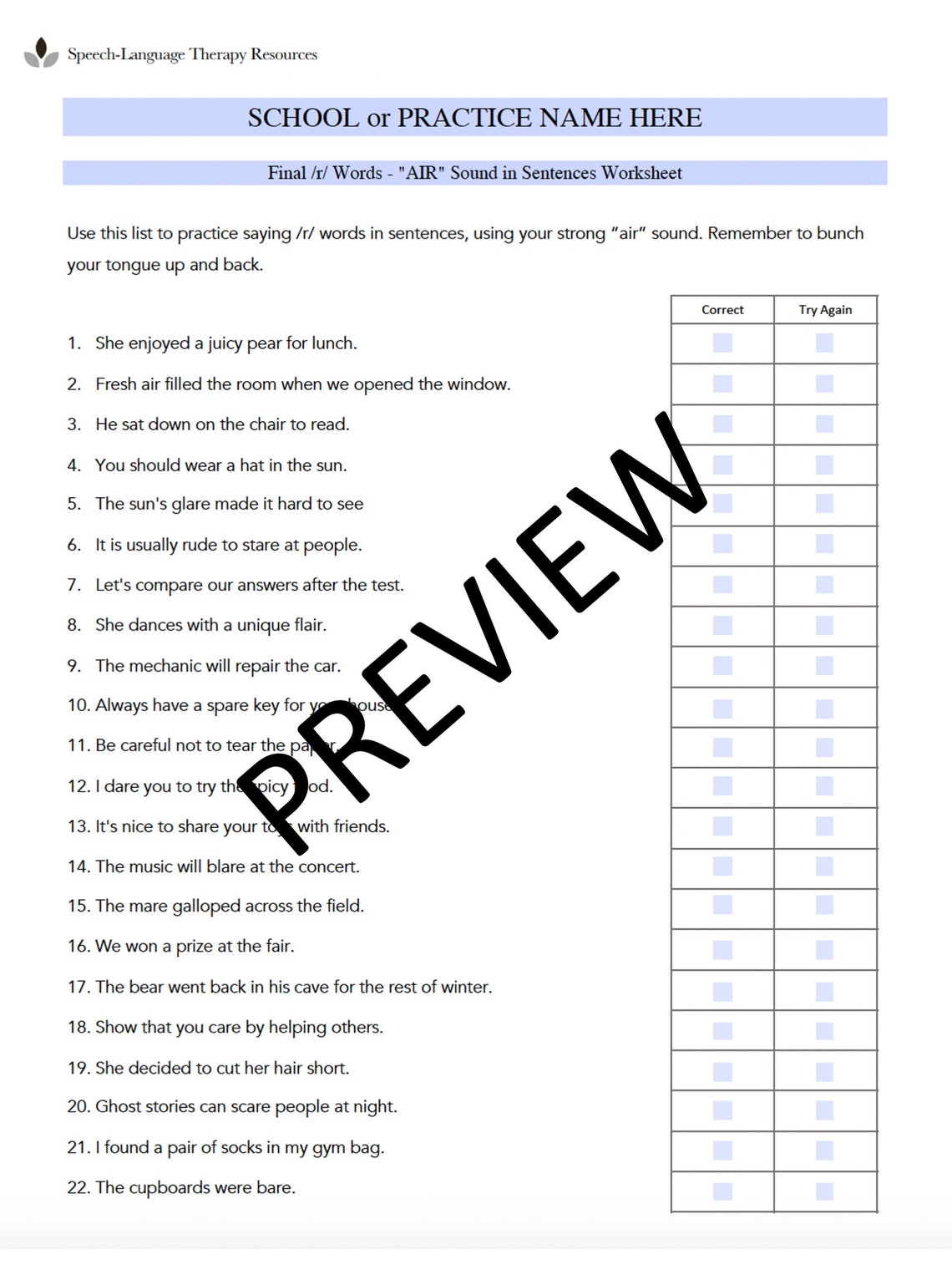 Final /r/ Words - "air" Sound in Sentences Worksheet for Speech Therapy ...