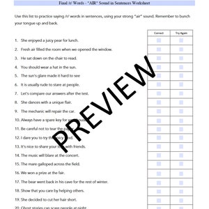 Final /r/ Words - "air" Sound in Sentences Worksheet for Speech Therapy ...