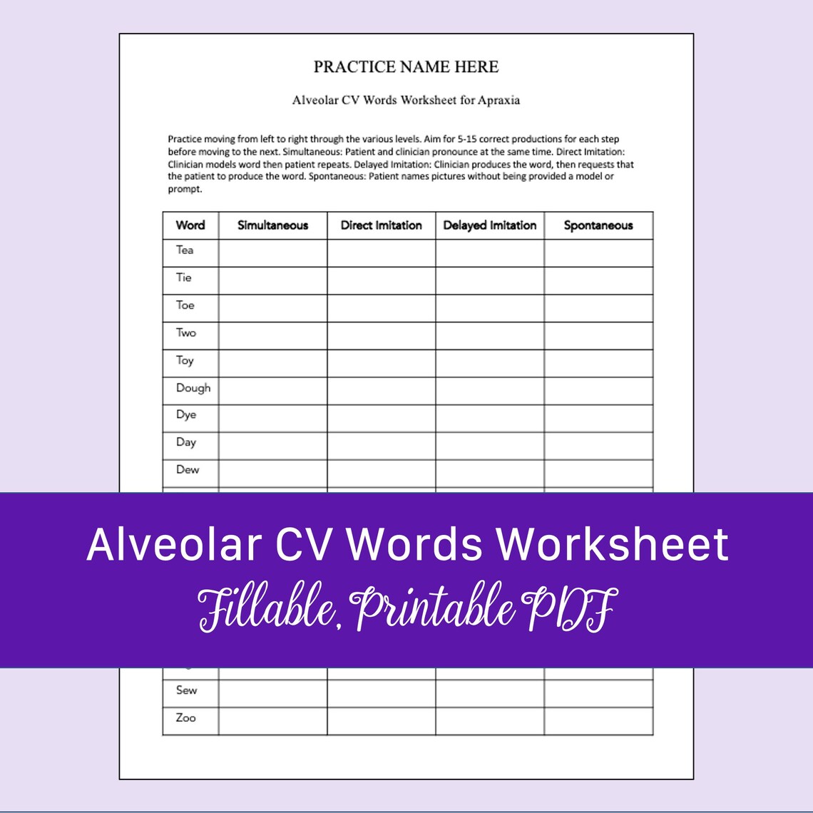 Alveolar CV Words Worksheet for Apraxia | Fillable, Printable PDF - Etsy