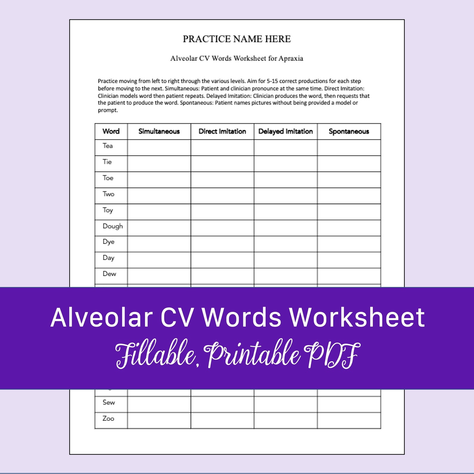 Alveolar CV Words Worksheet for Apraxia | Fillable, Printable PDF - Etsy