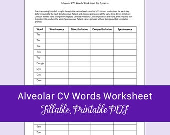 Alveolar CV Words Worksheet for Apraxia for Speech Therapy (editable ...