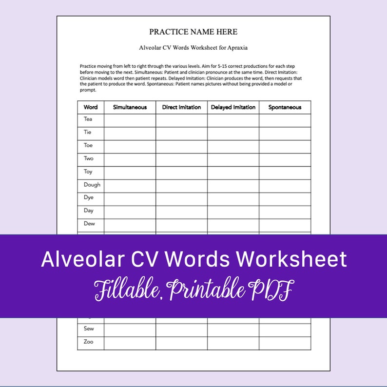 Alveolar CV Words Worksheet for Apraxia | Fillable, Printable PDF - Etsy