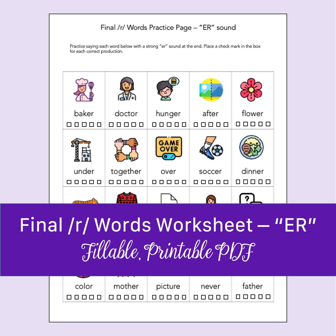Final /r/ Words - "er" Sound Worksheet for Speech Therapy | Fillable ...
