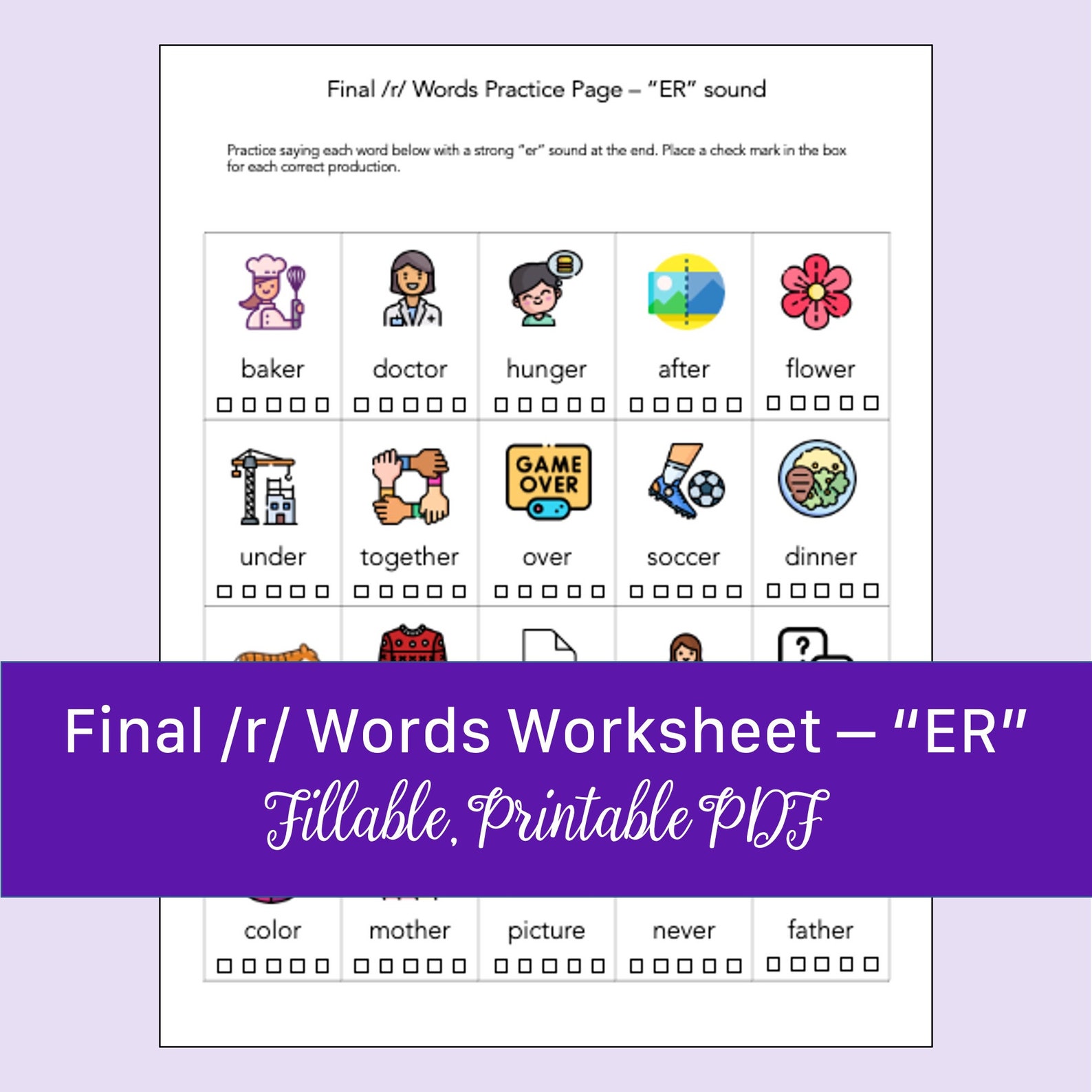 Final /r/ Words - "er" Sound Worksheet for Speech Therapy | Fillable ...