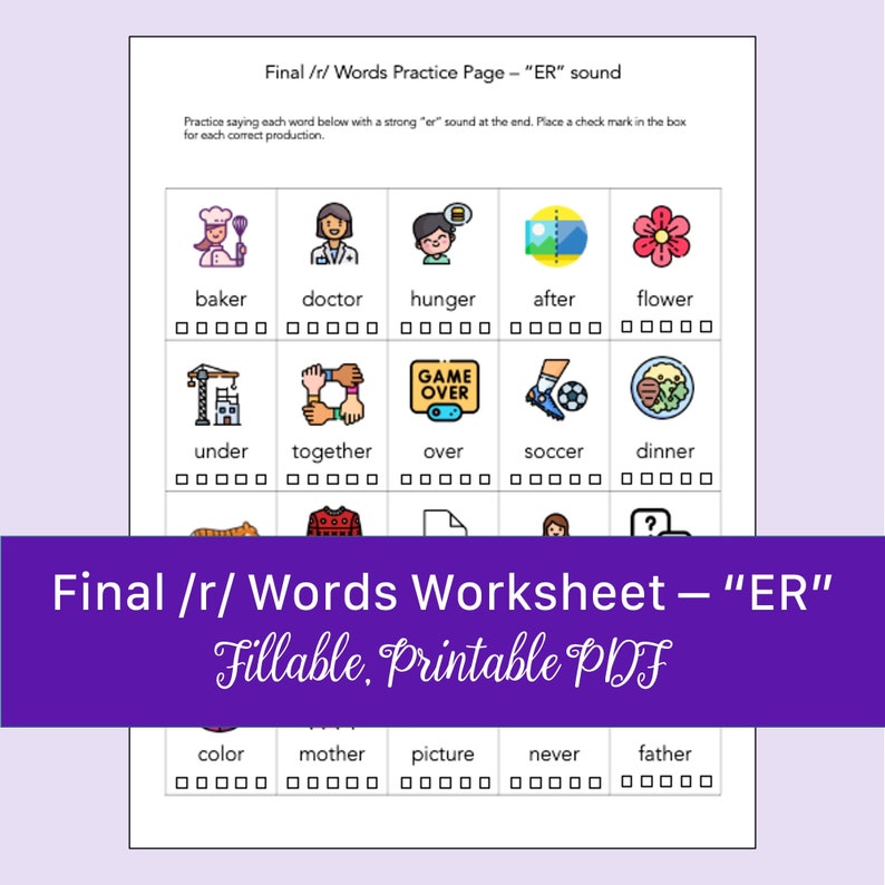 Final /r/ Words - "er" Sound Worksheet for Speech Therapy | Fillable ...