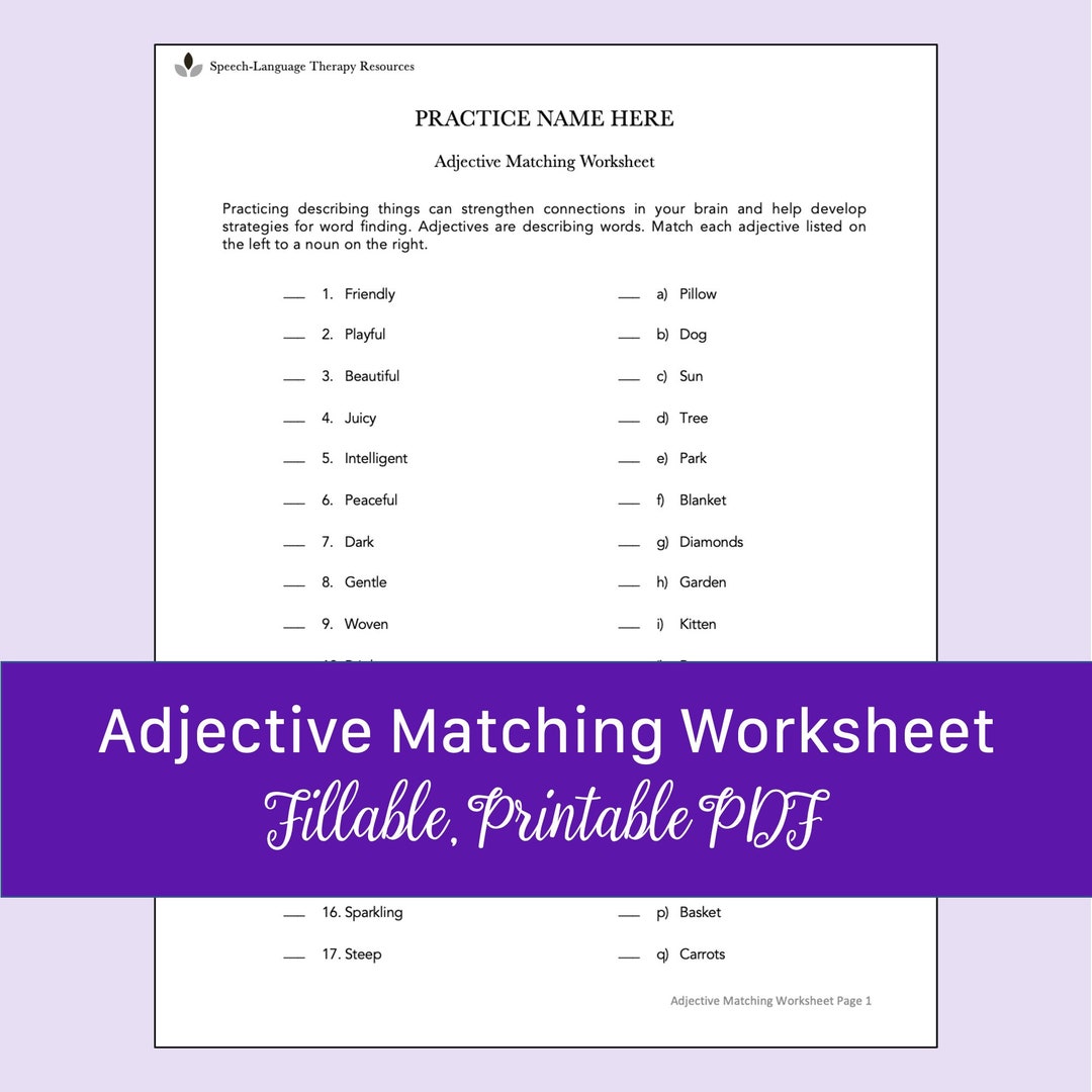 Adjective Matching Worksheet for Speech Therapy | Fillable, Printable ...