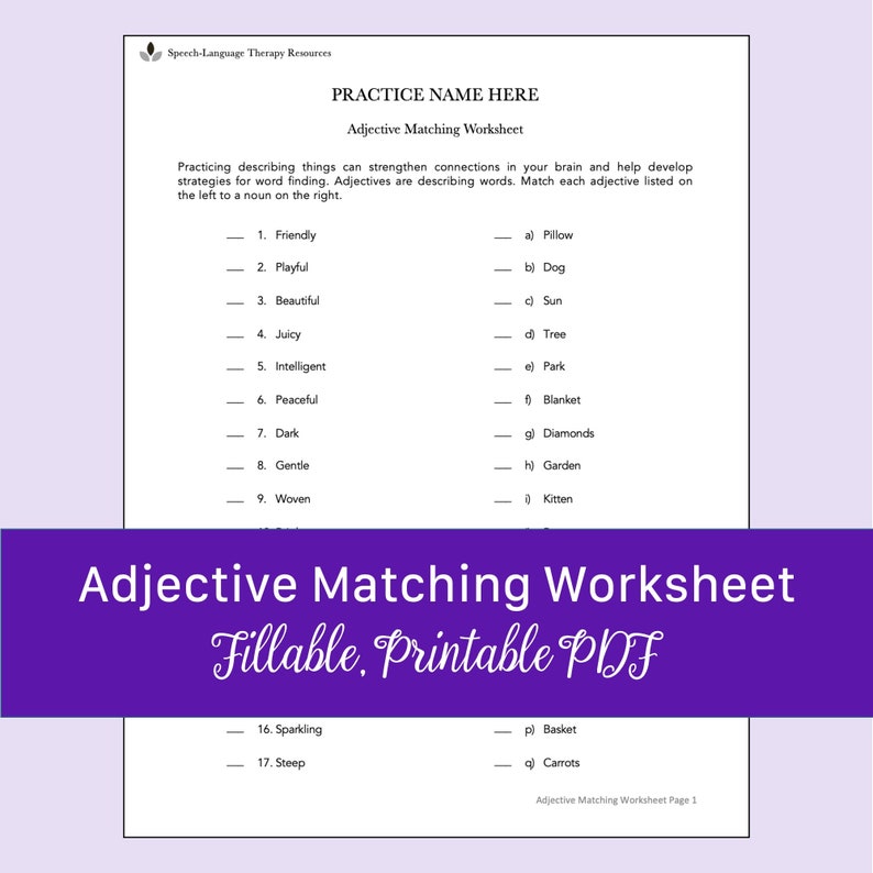 Adjective Matching Worksheet for Speech Therapy | Fillable, Printable ...