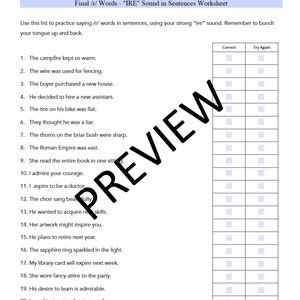 Final /r/ Words - "ire" Sound in Sentences Worksheet for Speech Therapy ...