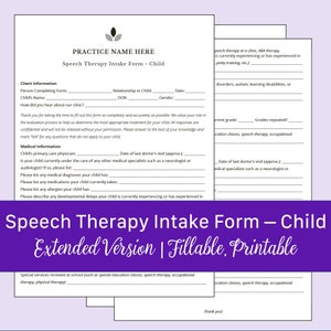 Speech Therapy Intake Form - Child, Extended Version | Fillable, Printable PDF - Etsy