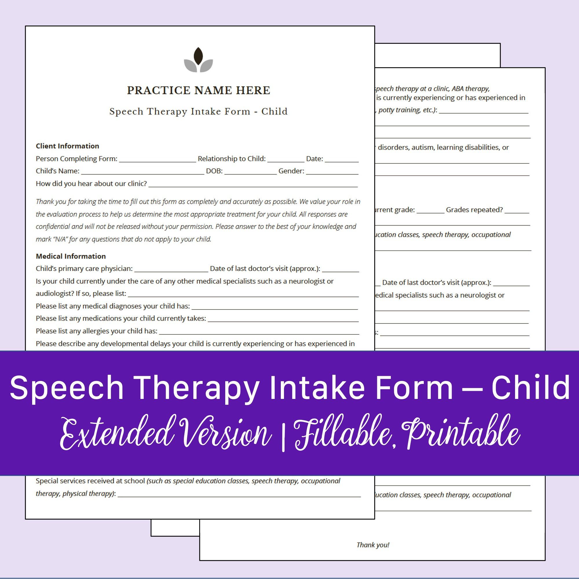 Speech Therapy Intake Form - Child, Extended Version | Fillable ...