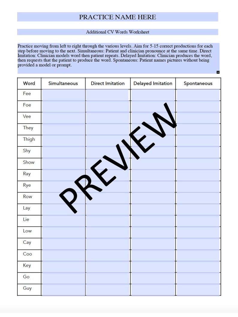 Alveolar CV Words Worksheet for Apraxia Fillable, Printable PDF - Etsy