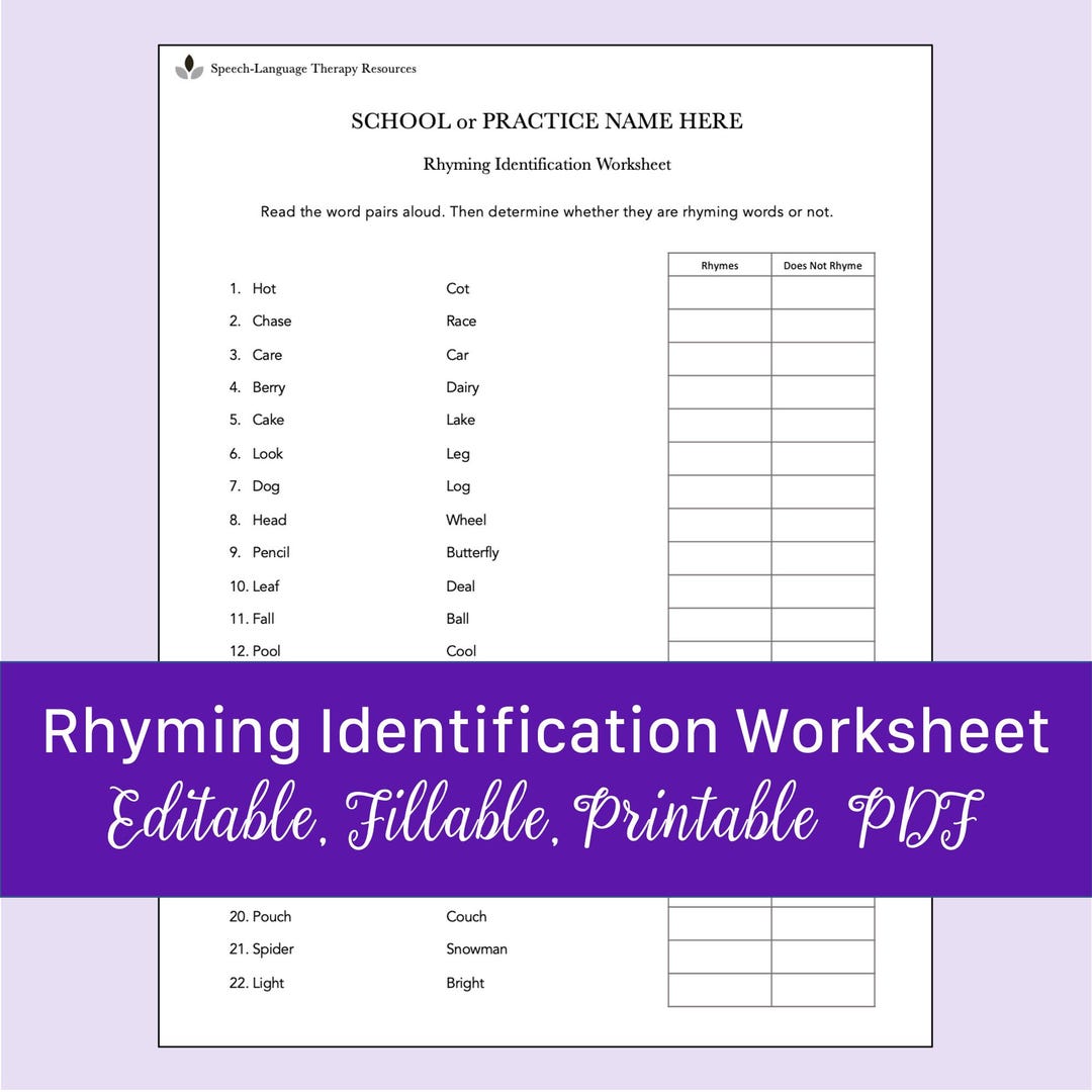 Rhyming Identification Worksheet for Speech Therapy | Fillable ...