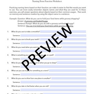 Aphasia Worksheet - Naming From Function - Fillable PDF W Editable ...