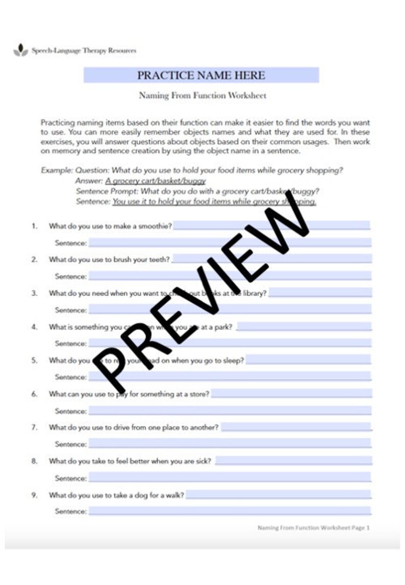 Aphasia Worksheet - Naming From Function - Fillable PDF W Editable ...