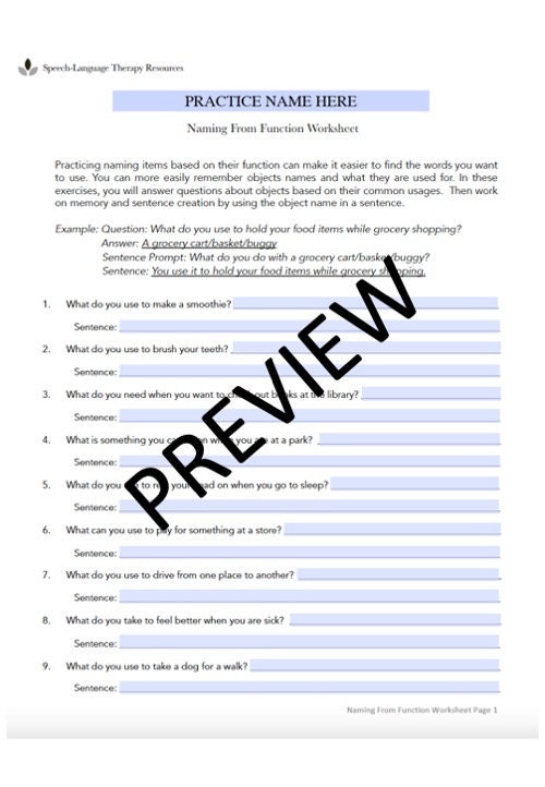 Aphasia Worksheet Naming From Function Fillable PDF W Editable Practice ...