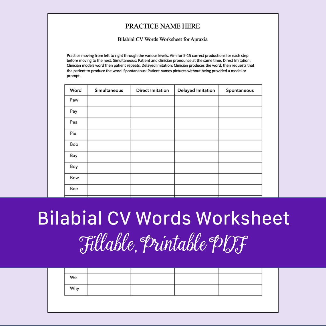 Bilabial CV Words Worksheet for Apraxia | Fillable, Printable PDF - Etsy