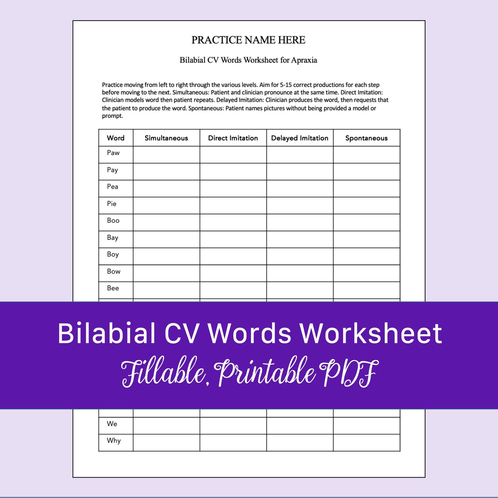 Bilabial CV Words Worksheet for Apraxia | Fillable, Printable PDF - Etsy