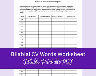 CV Words Worksheet for Apraxia in Speech Therapy editable, Fillable ...