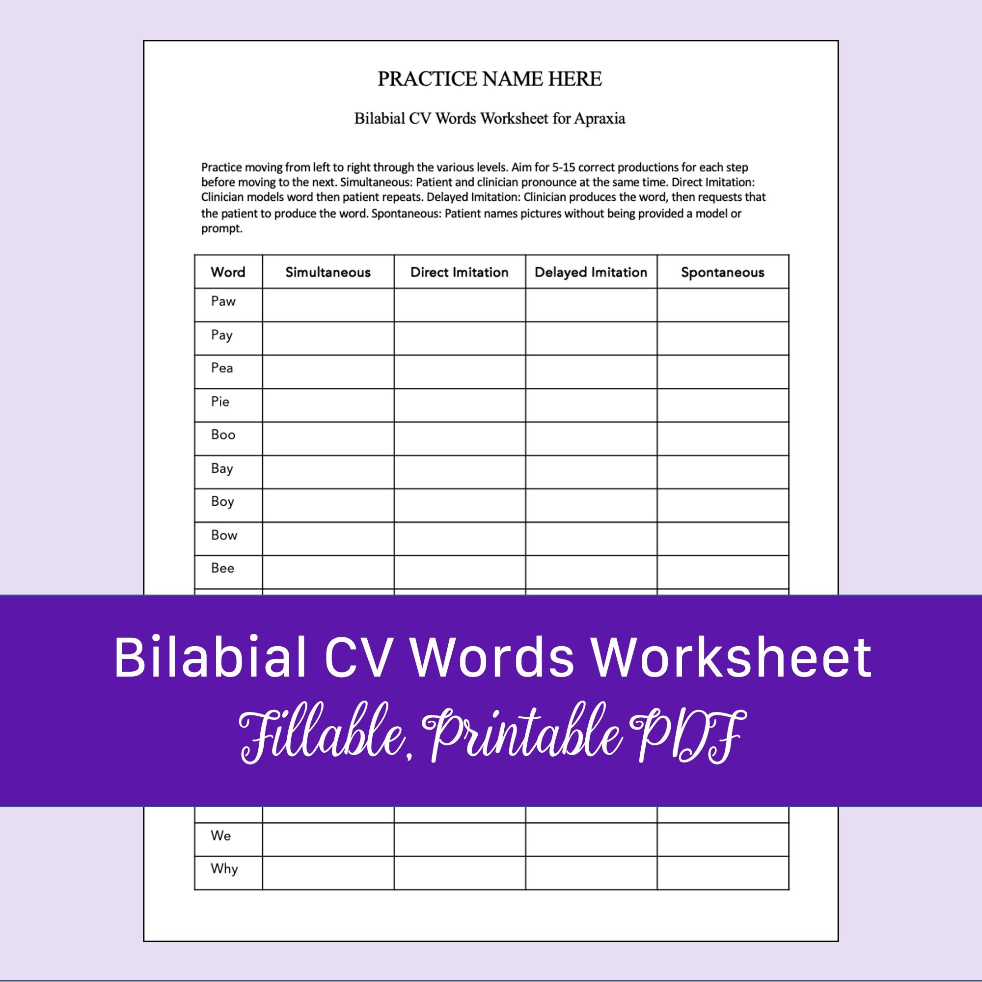 Bilabial CV Words Worksheet for Apraxia | Fillable, Printable PDF - Etsy