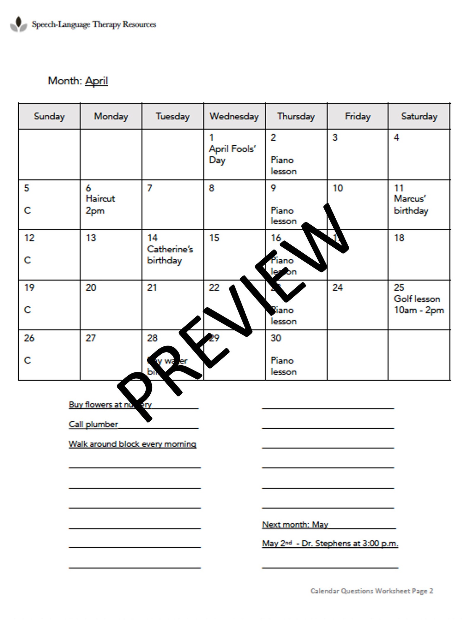 Calendar Questions Worksheet for Language Therapy | Fillable, Printable ...
