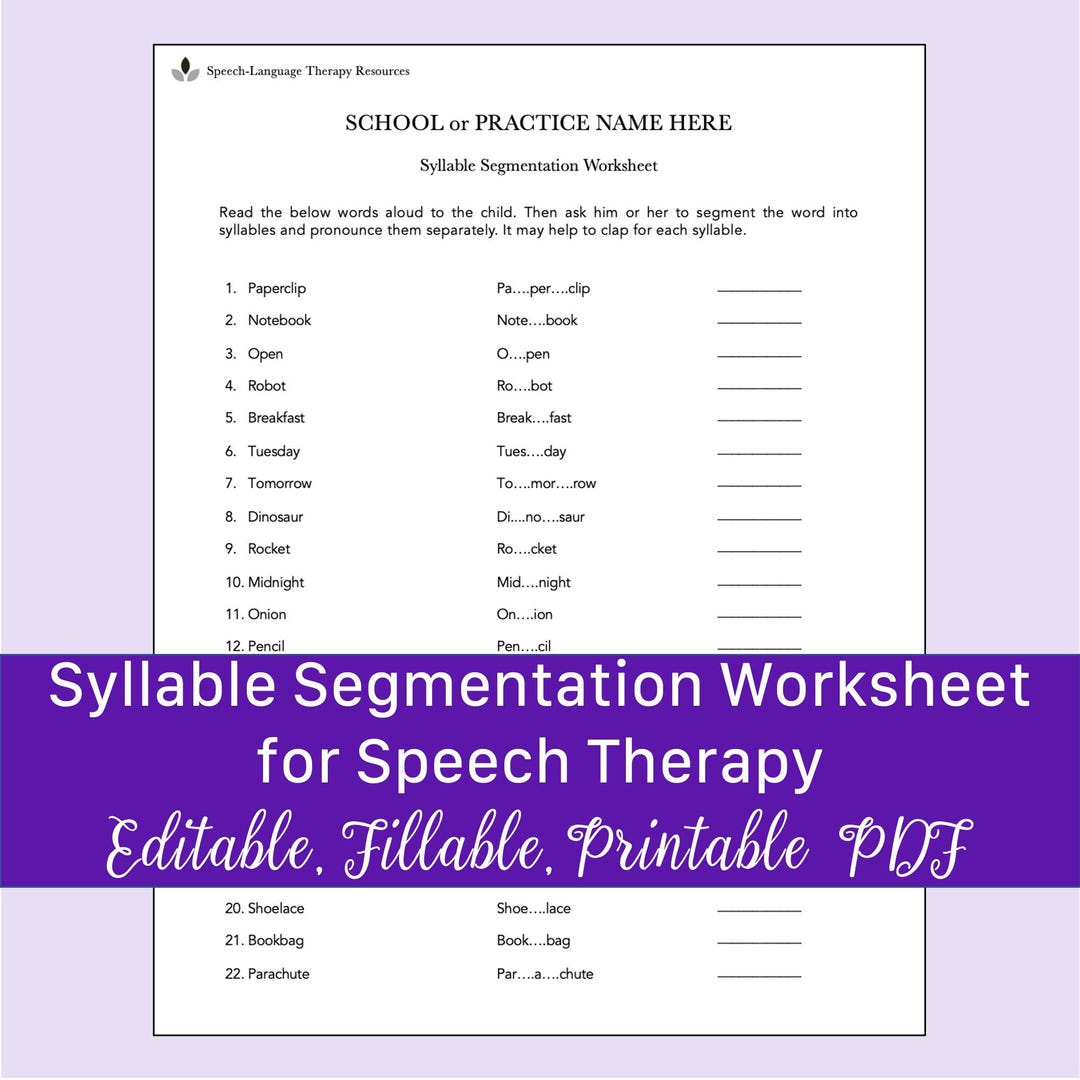 Syllable Segmentation Worksheet for Speech Therapy | Fillable ...