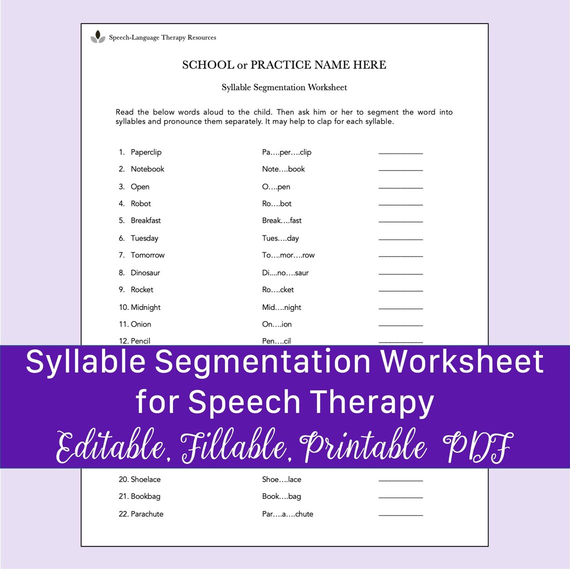 Syllable Segmentation Worksheet for Speech Therapy | Fillable ...