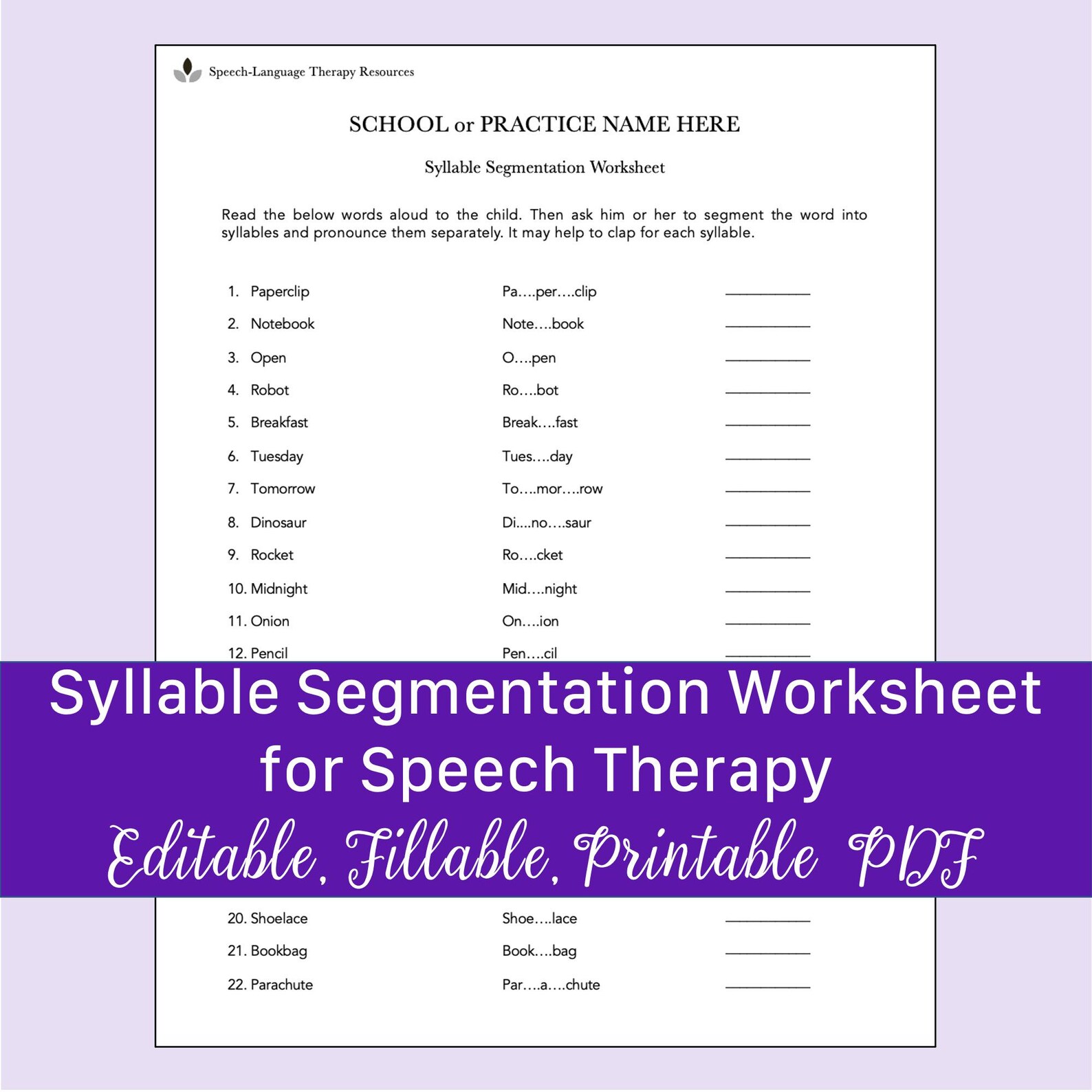 Syllable Segmentation Worksheet for Speech Therapy | Fillable ...