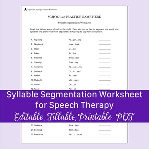 Syllable Segmentation Worksheet for Speech Therapy | Fillable ...