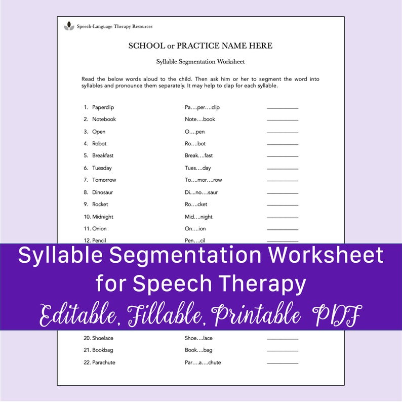 Syllable Segmentation Worksheet for Speech Therapy | Fillable ...