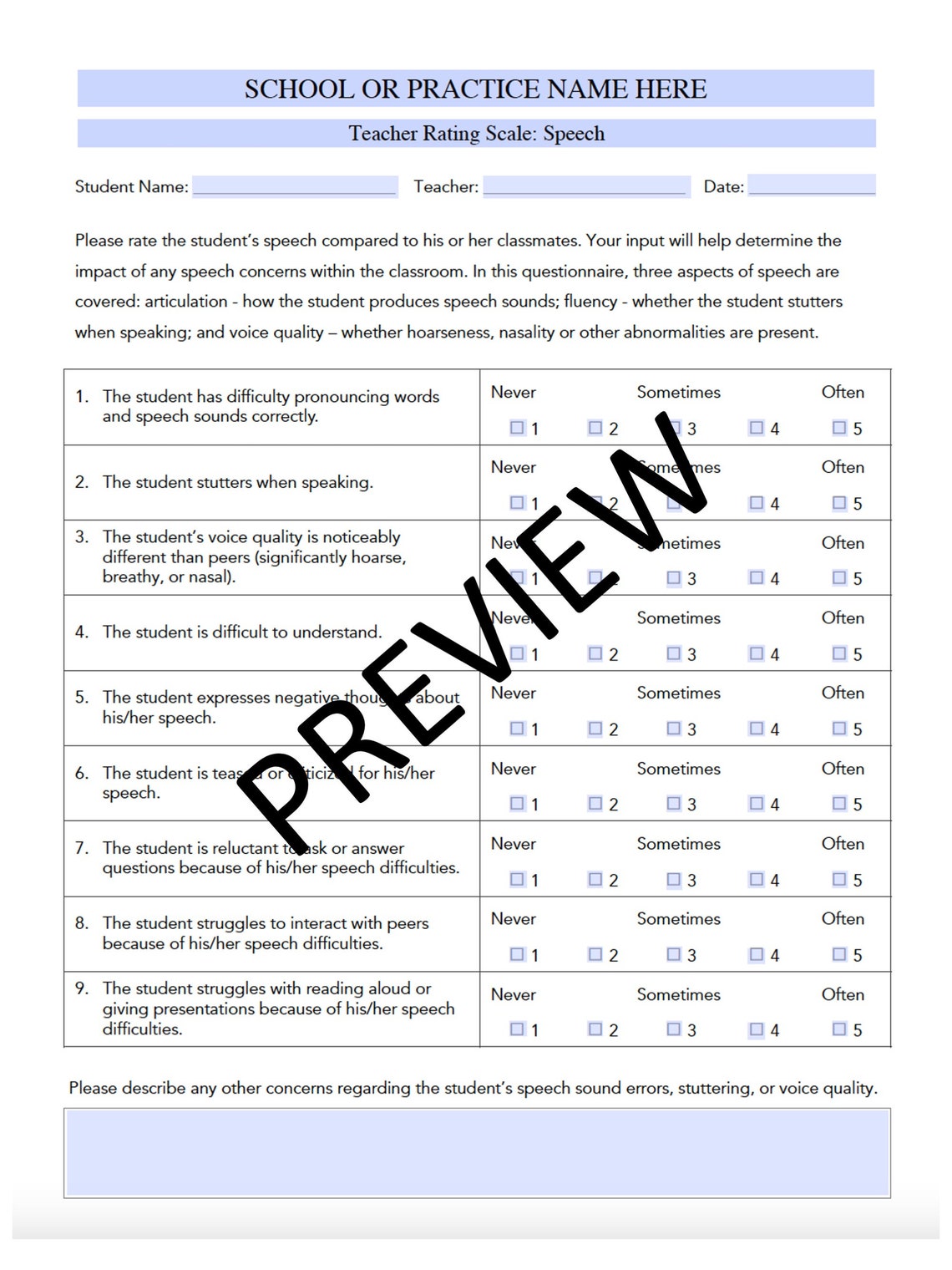 Teacher Rating Scale: Speech for Speech Therapy | Fillable, Printable ...