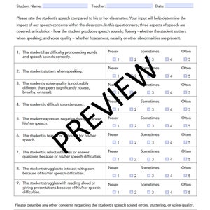 Teacher Rating Scale: Speech for Speech Therapy | Fillable, Printable ...