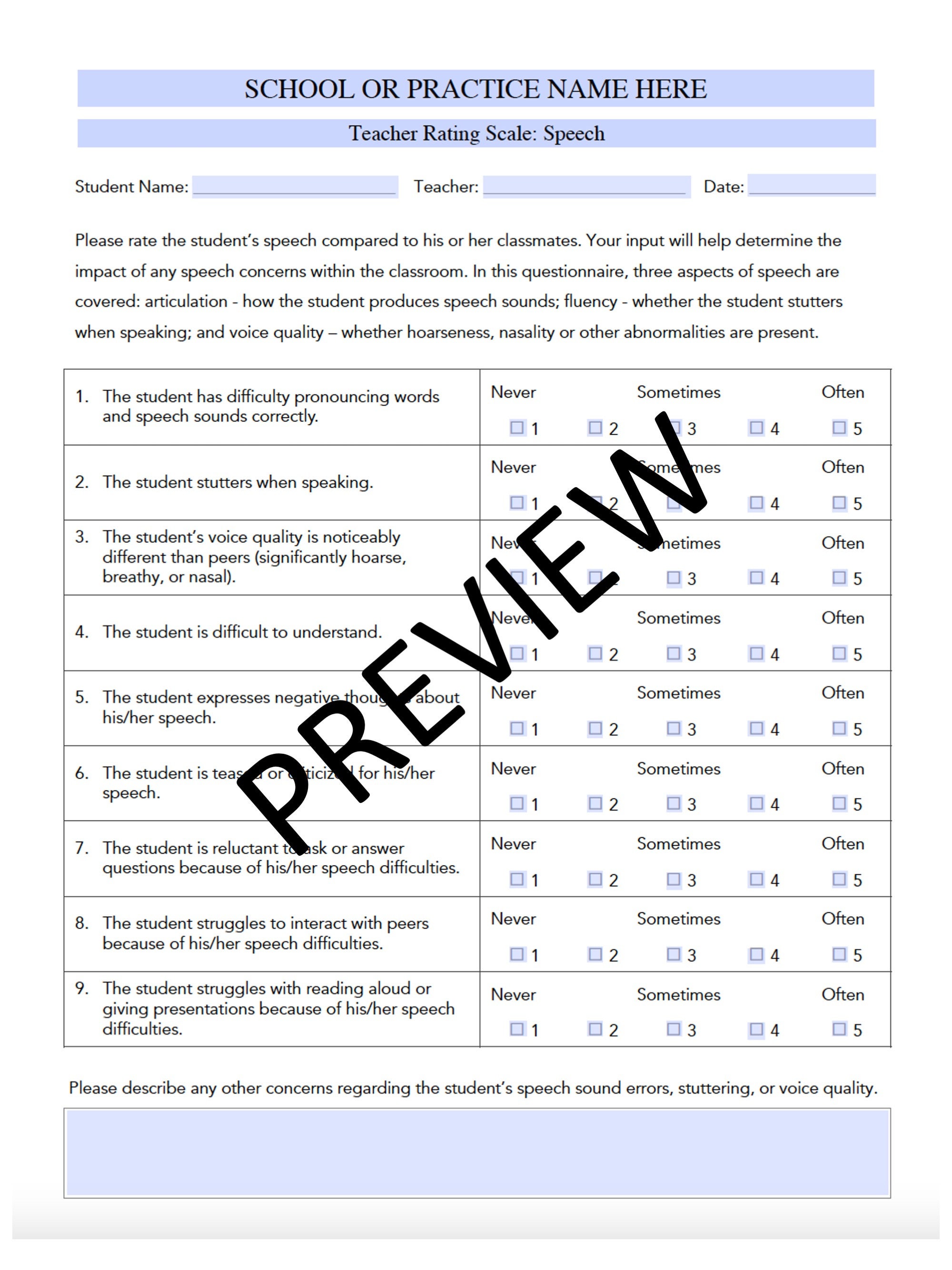 Teacher Rating Scale: Speech for Speech Therapy | Fillable, Printable ...