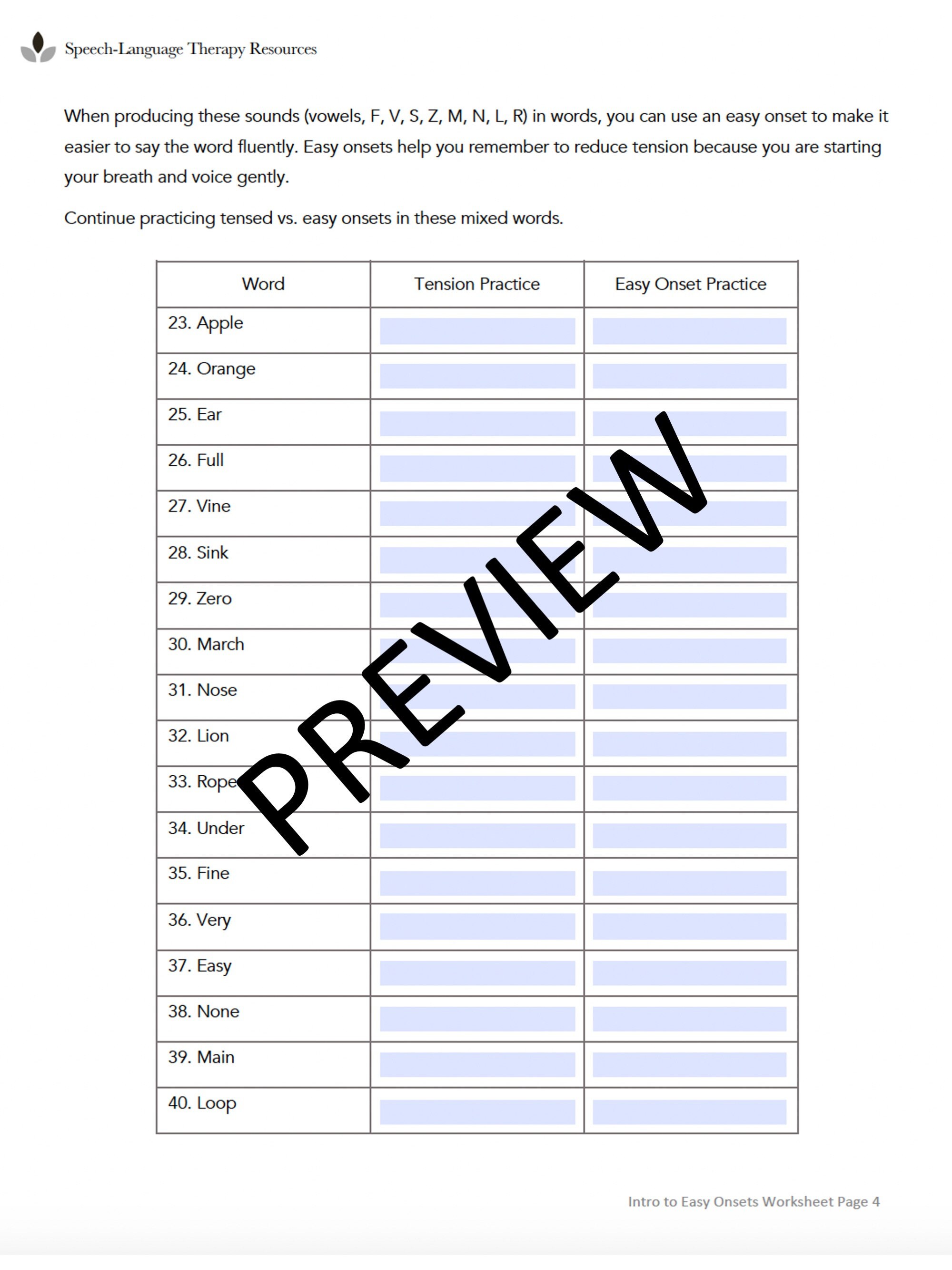 Intro to Easy Onsets Worksheet for Stuttering Speech Therapy | Editable ...