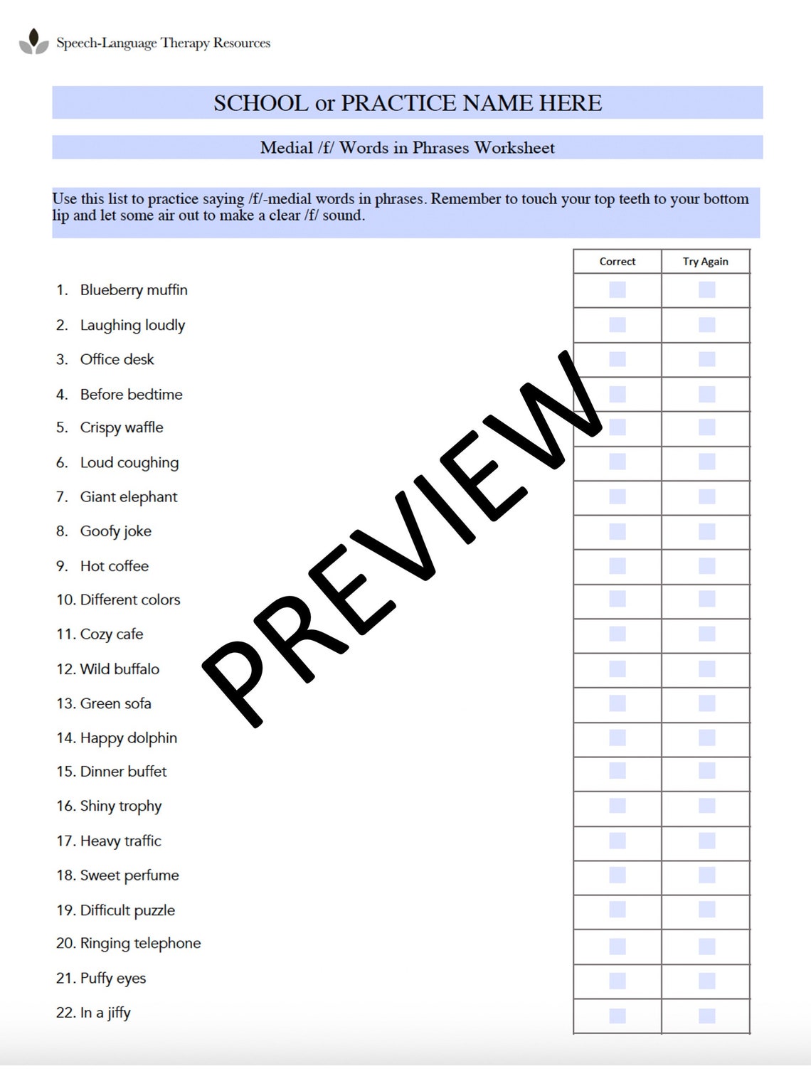 Medial /f/ Words in Phrases Worksheet for Speech Therapy Printable ...