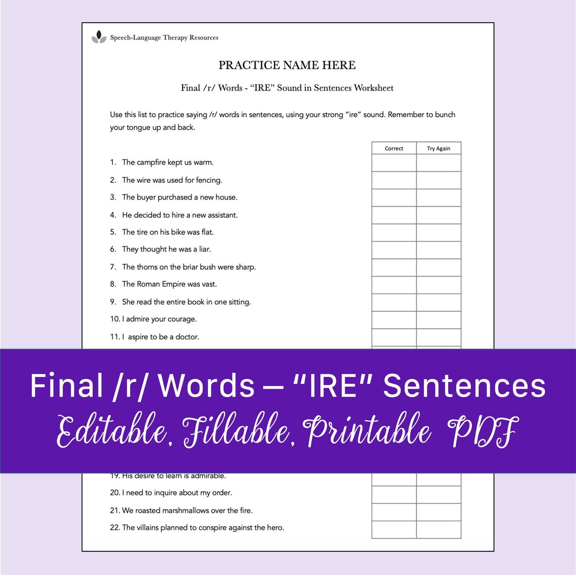 Final /r/ Words - "ire" Sound in Sentences Worksheet for Speech Therapy ...