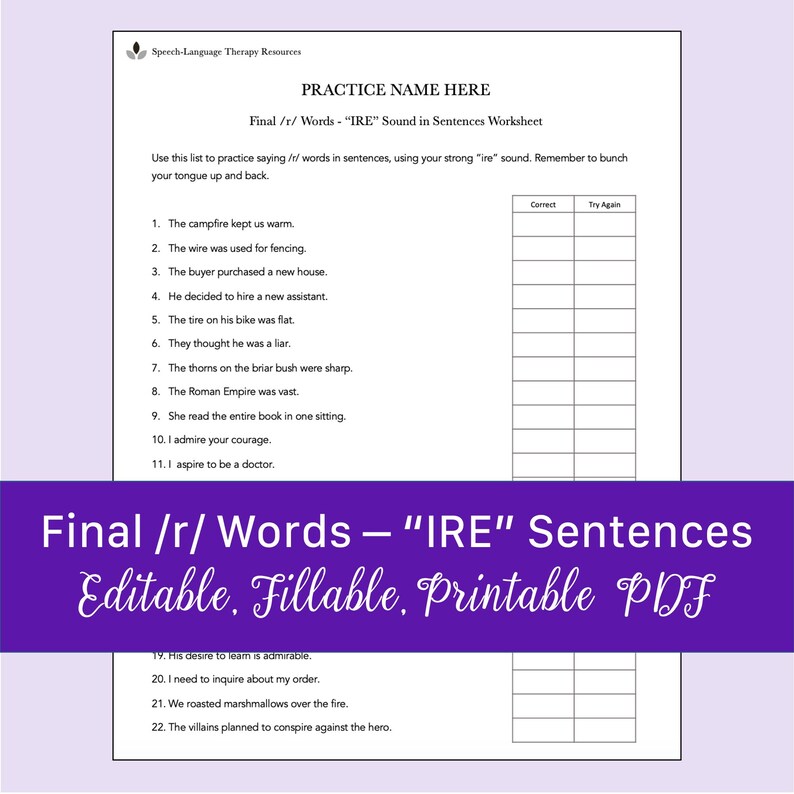 Final /r/ Words - "ire" Sound in Sentences Worksheet for Speech Therapy ...