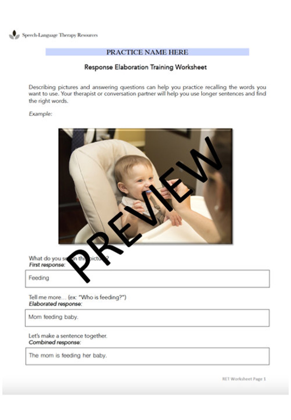 Response Elaboration Training Speech Therapy Worksheet for Aphasia ...
