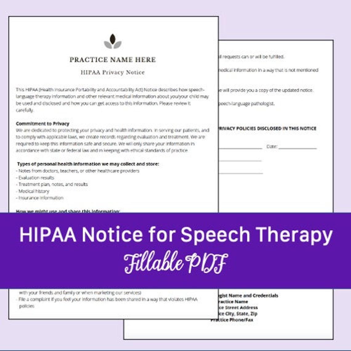 HIPAA Privacy Notice for Speech Therapy Fillable PDF - Etsy