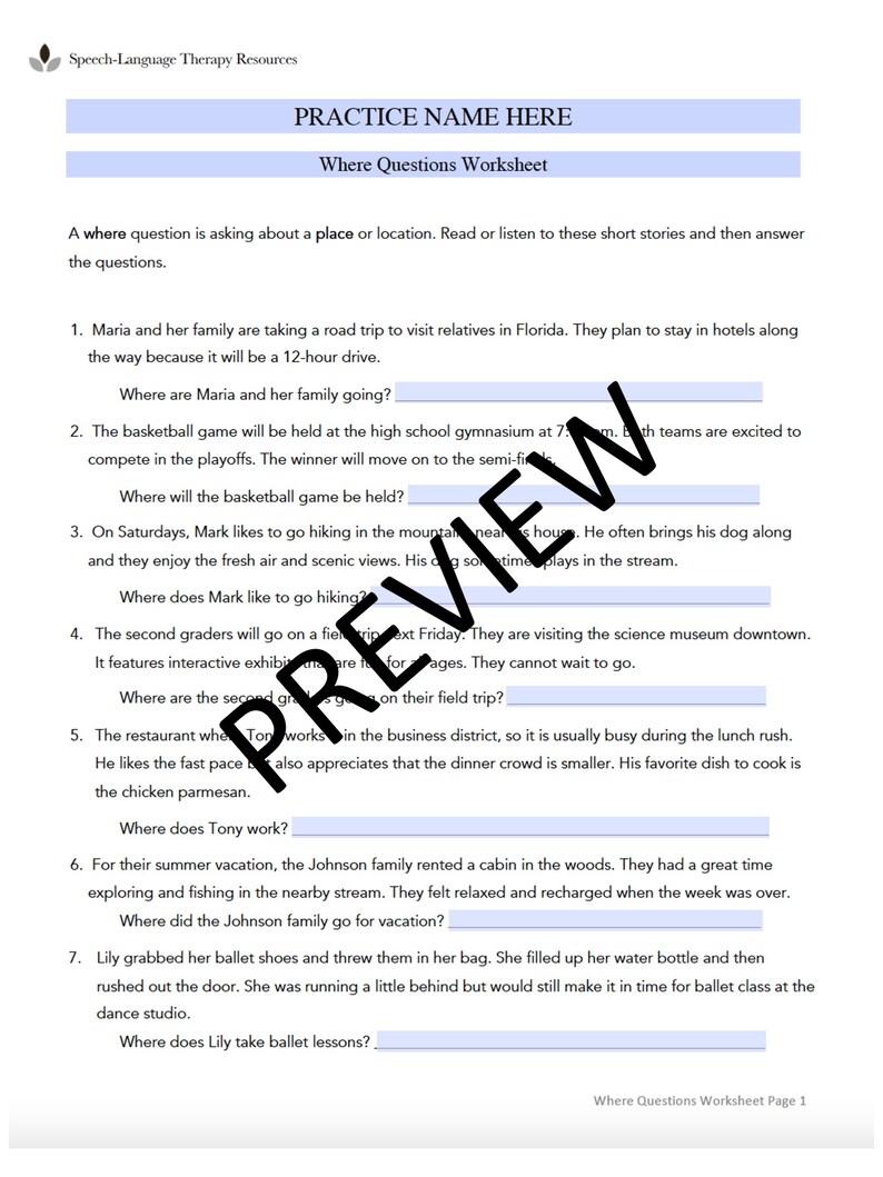 Where Questions Speech Therapy Worksheet | Fillable, Printable PDF - Etsy
