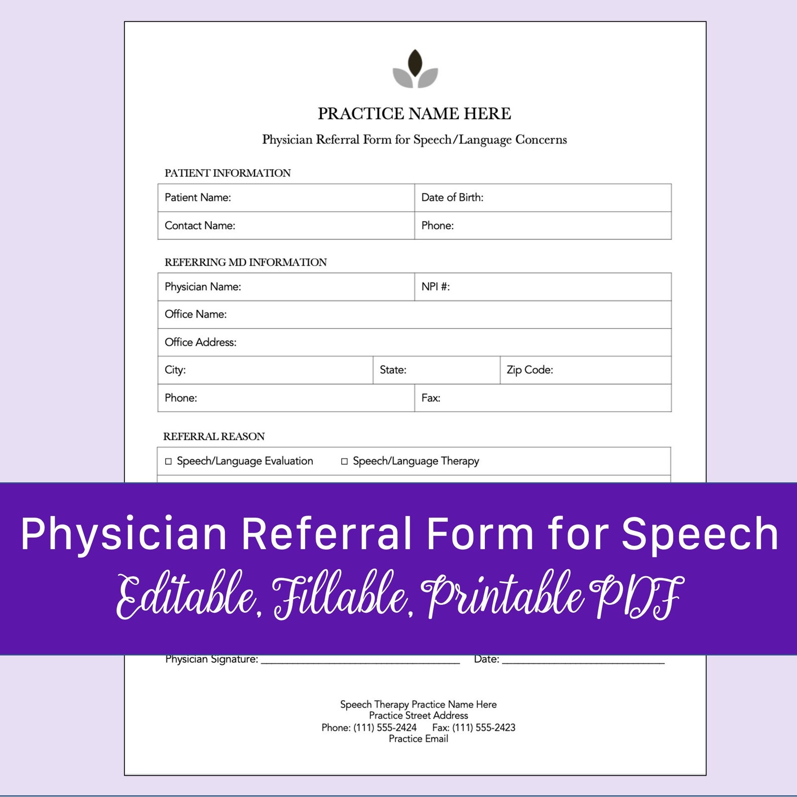 Physician Referral Form for Speech Therapy | Editable, Fillable ...