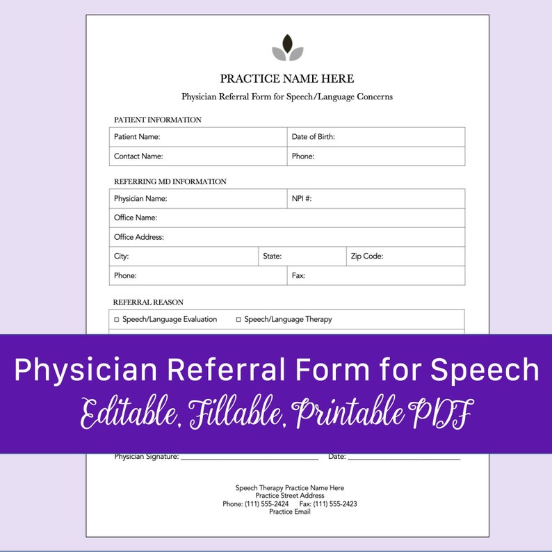 Physician Referral Form for Speech Therapy | Editable, Fillable ...